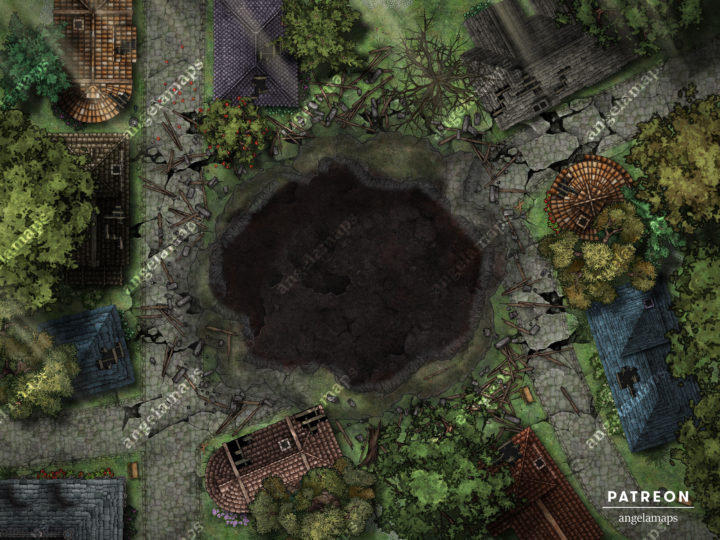 City that a wizard has dropped a meteor on battle map for TTRPGs ...