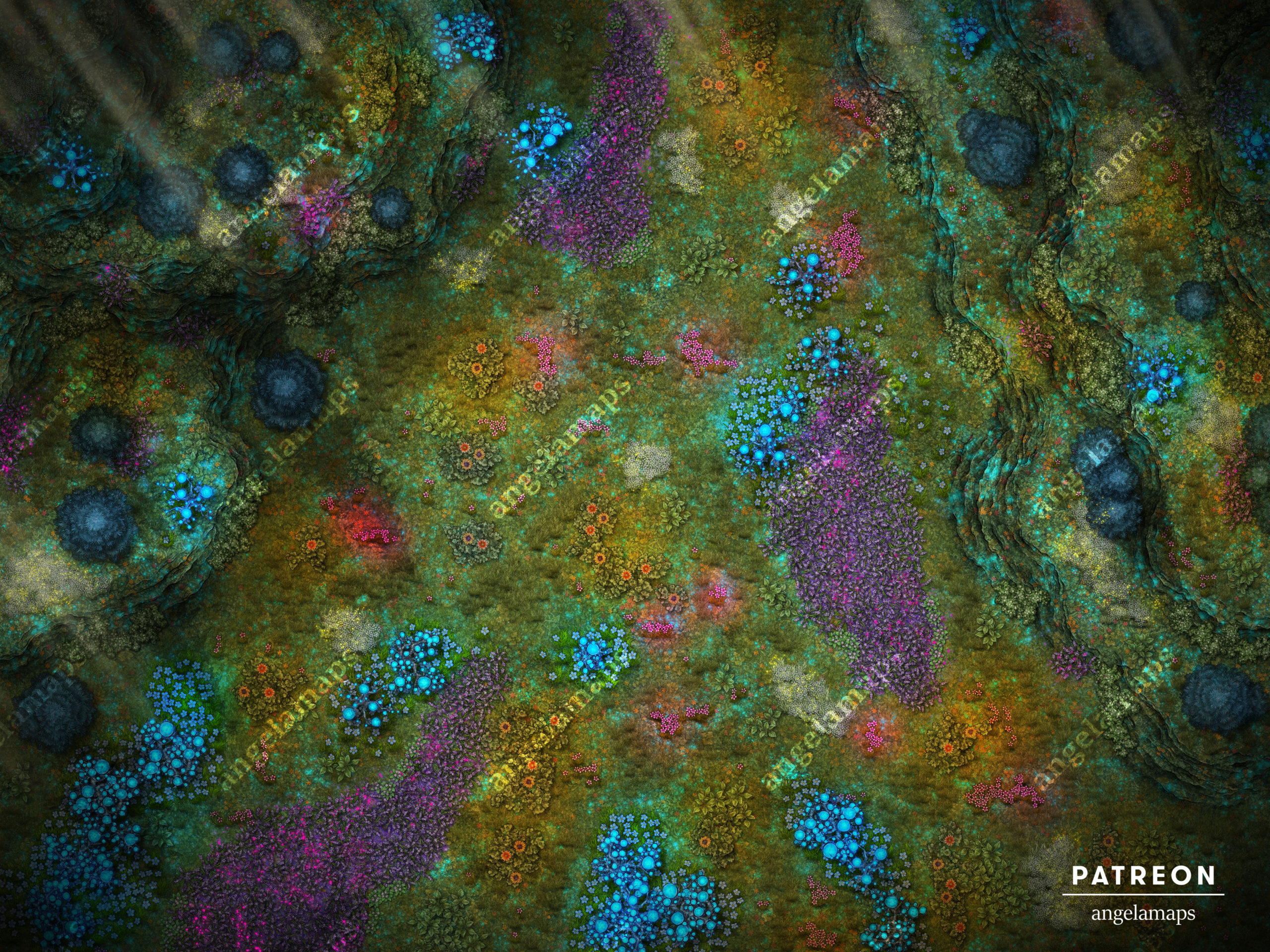 Battle map of a shimmering fey meadow filled with flowers for TTRPGs ...